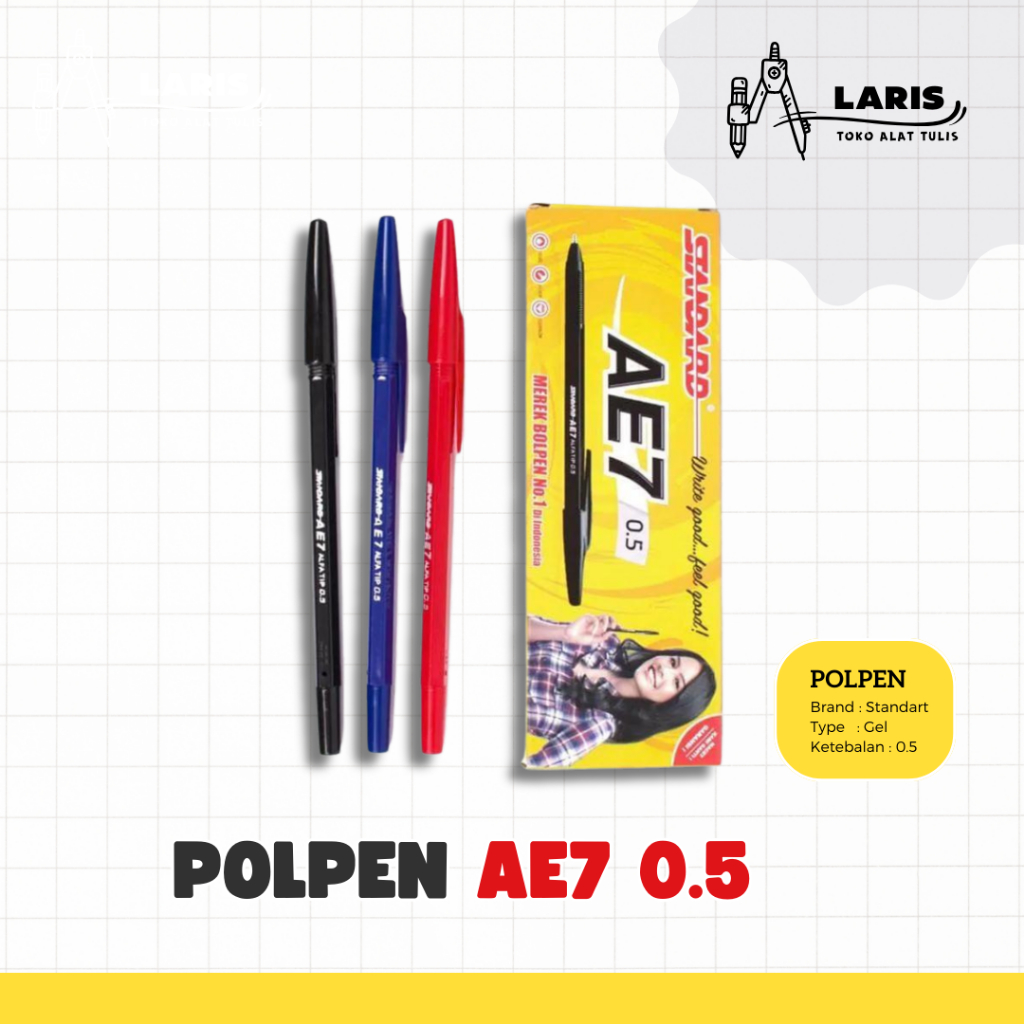 Jual Pulpen Bolpoin Pena Standard AE7 0,5 | Biru, Merah, Hitam | 1 PACK isi 12 Pcs | Shopee ...