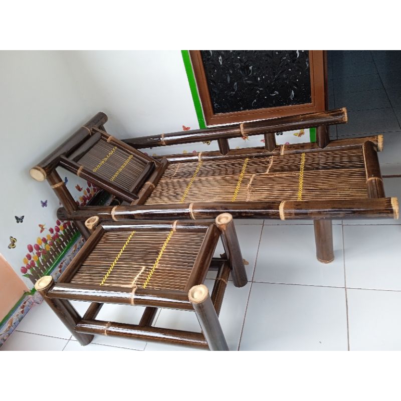 Jual kursi bambu hitam/ bale bambu plus meja | Shopee Indonesia