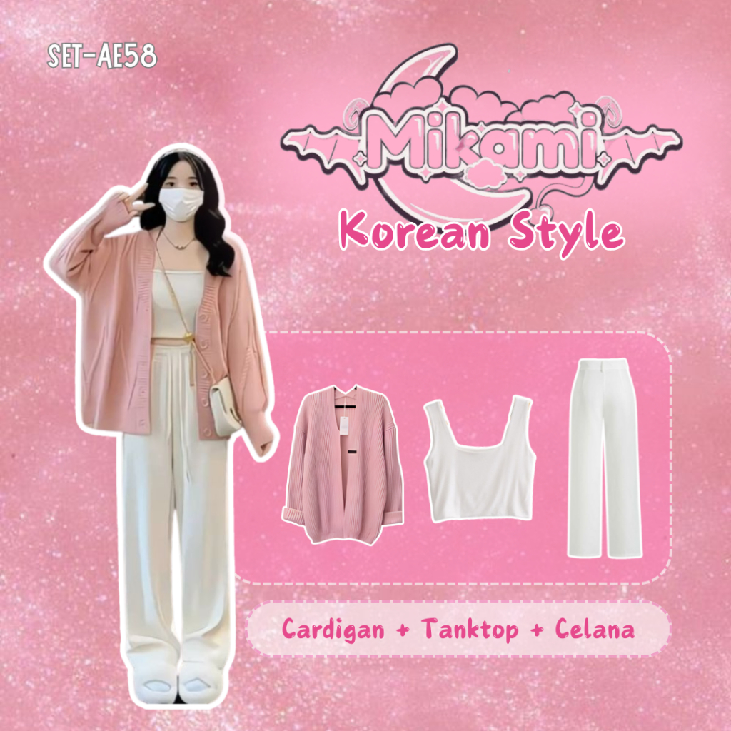 Jual 3 IN 1 One Set Korean Style Outfit Remaja Kekinian Cewe Kue Pinky Cardigan Rajut Celana ...