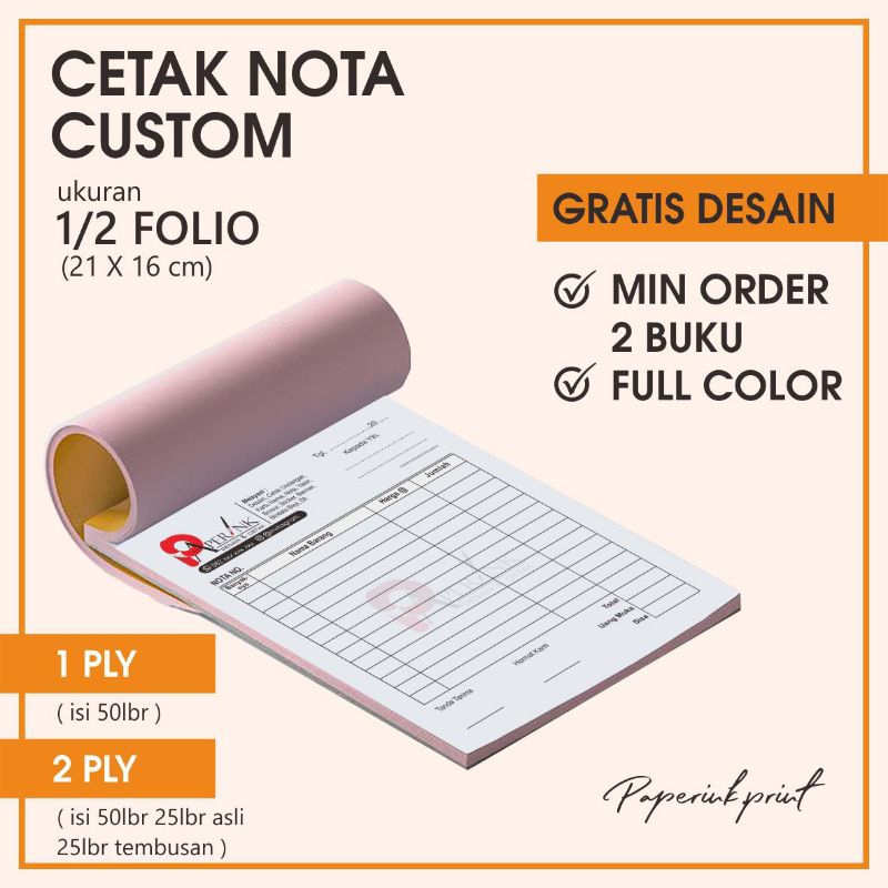Jual Cetak Nota Custom Murah 1ply / 2ply ukuran 1/2 folio | Shopee ...