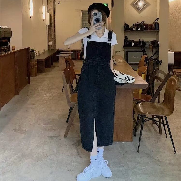 Jual [Sari] Rok Suspender Denim Celah Hitam Retro Rok A-line Suspender ...