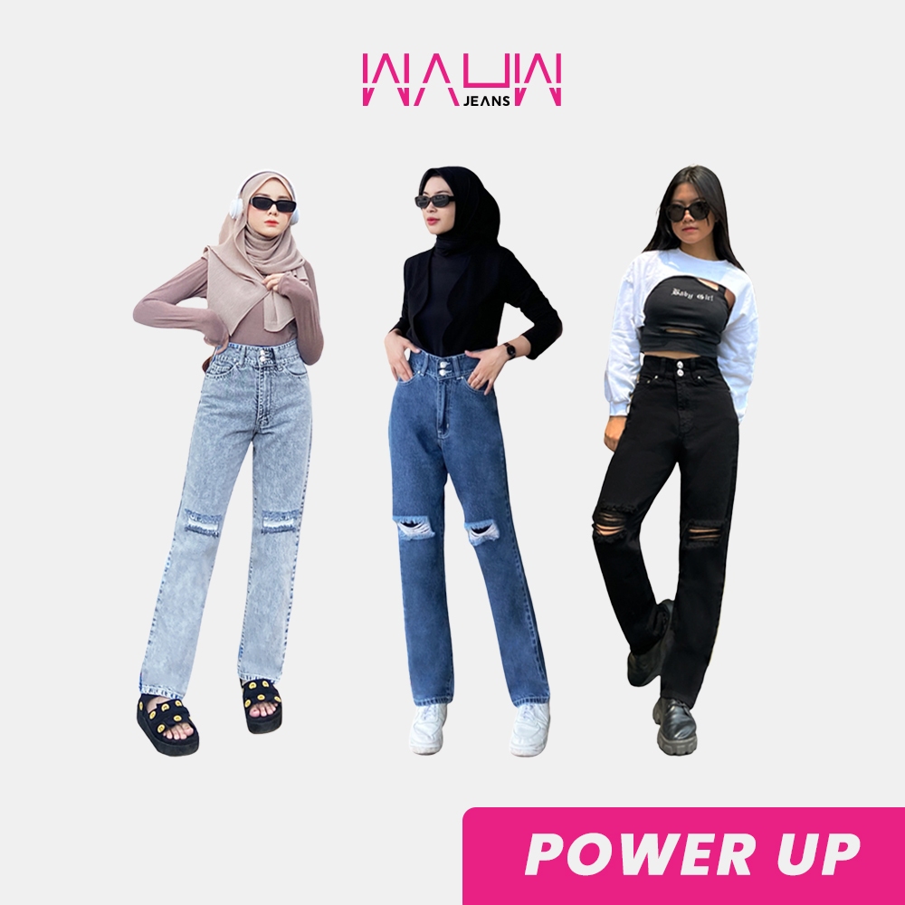 Jual WAUW - POWER UP Highwaist Ripped Mom Jeans DB Cat. 1 | Shopee ...