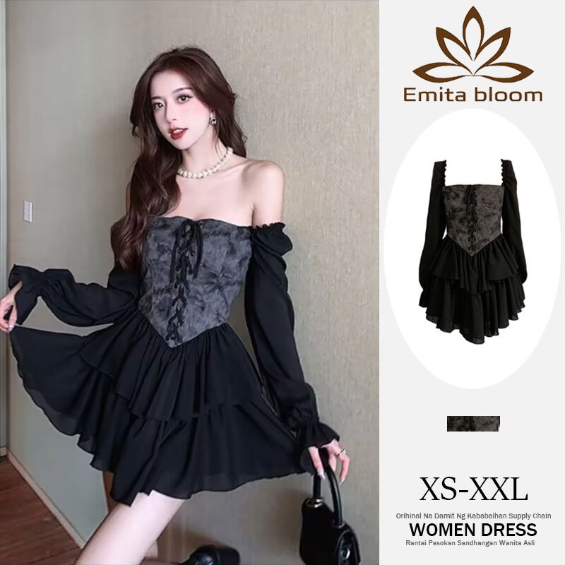Jual EMITA BLOOM mini dress dress lengan panjang hitam wanita korea ...
