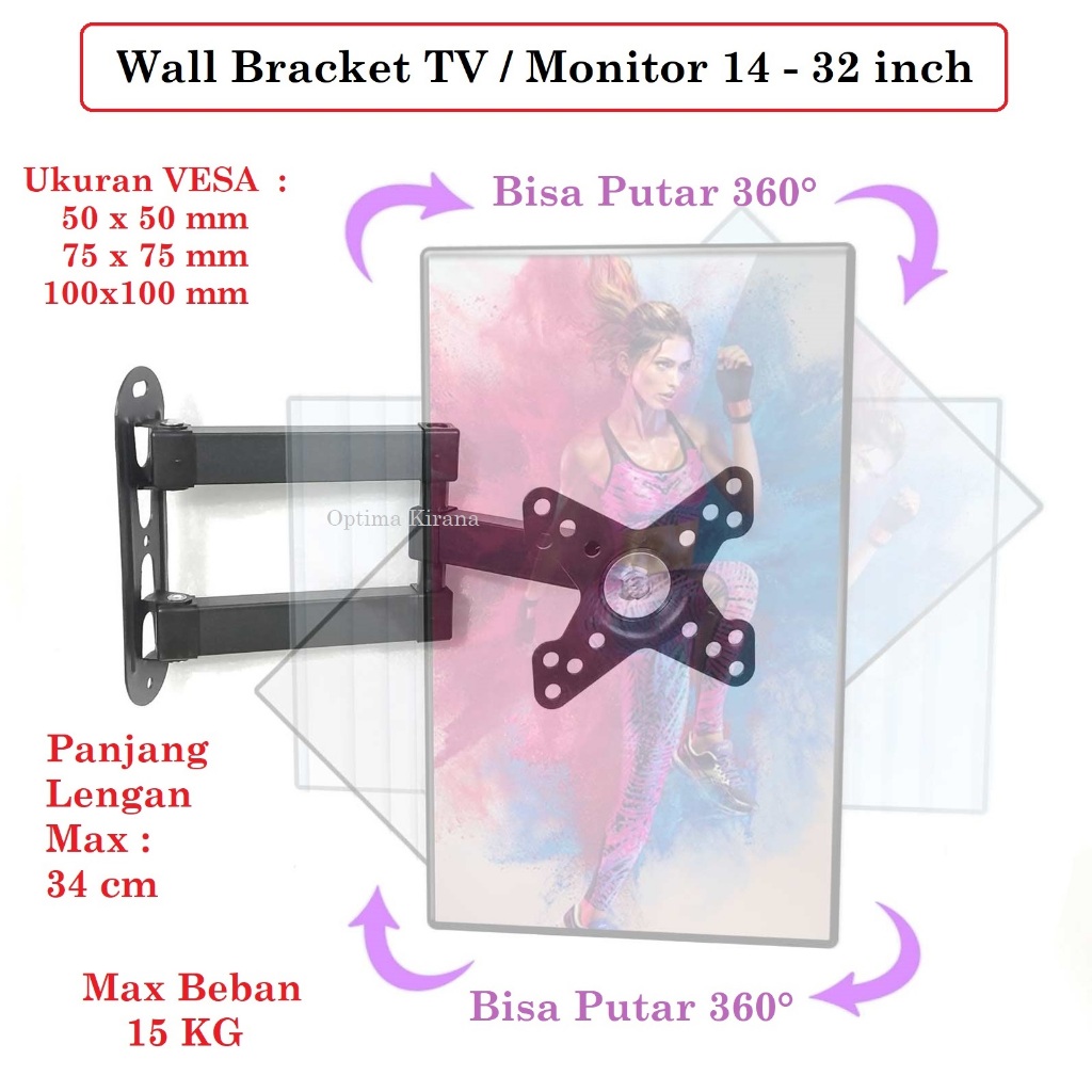 Jual Wall Bracket FULL MOTION ROTARY Putar 360 Vertikal Horizontal ...