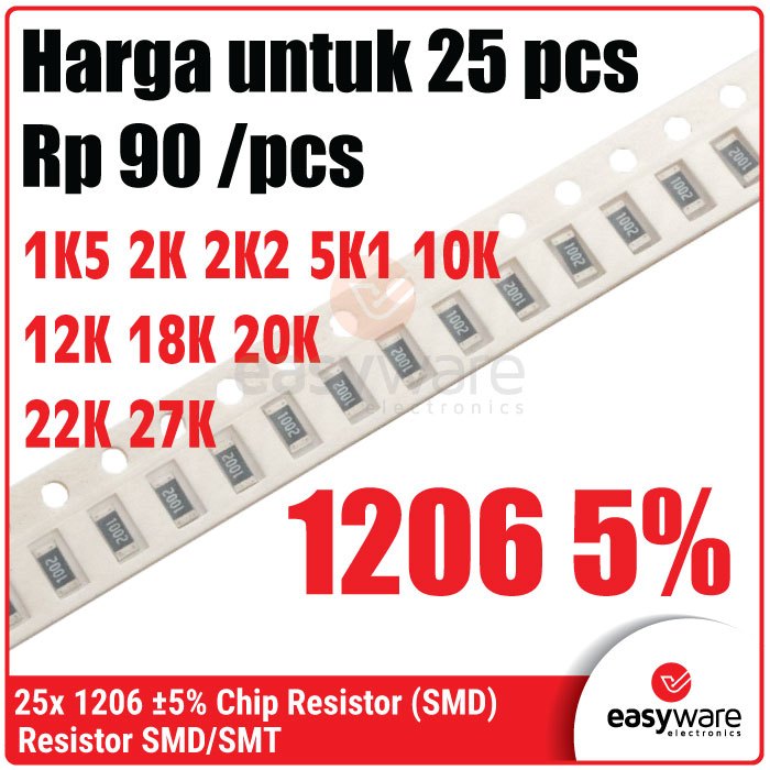 Jual 25pcs Resistor 1206 5% 1K5 2K 2K2 5K1 10K 12K 18K 20K 22K 27K Chip Resistor SMD 1206 5% 1 ...