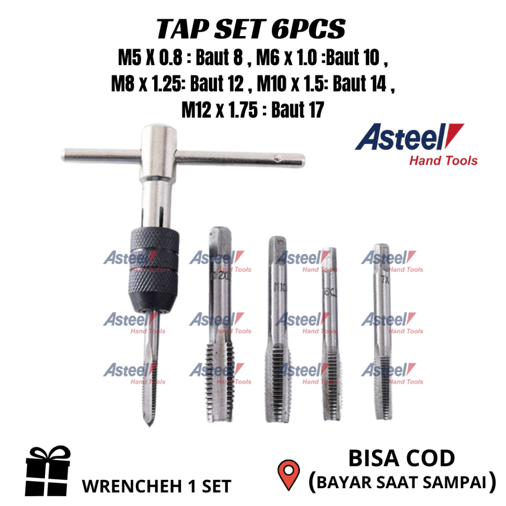 Jual Tap Set 6 PCS Alat Metrik Alat Pembuat Drat Metric Hand Tap Set M5 - M12 Adjustable 6 PCS ...