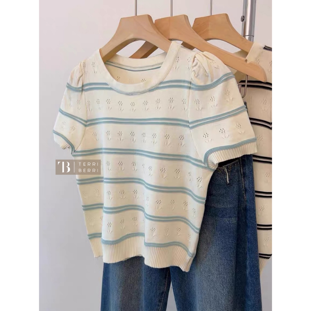 Jual Yeojin Knit Blouse Premium BKK [Banyak Varian] Atasan Rajut Korean Style | Stripe Knit Top ...