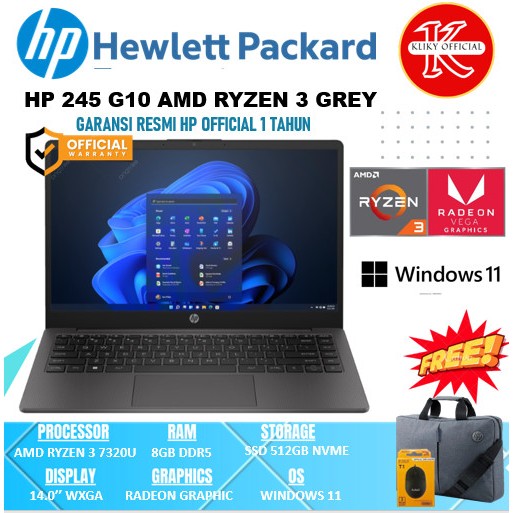 Jual Laptop Bisnis HP 245 G10 AMD Ryzen 3 7320U 8GB DDR5 SSD 512GB Grey ...