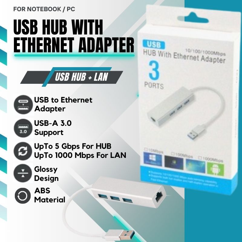 Jual Adapter USB HUB to LAN Ethernet RJ45 + 3ports USB A | Shopee Indonesia