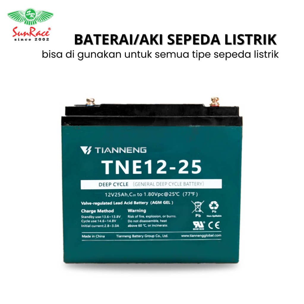 Jual BATERAI PREMIUM / AKI 12V 25AH SEPEDA LISTRIK TIANNENG SUNRACE ...