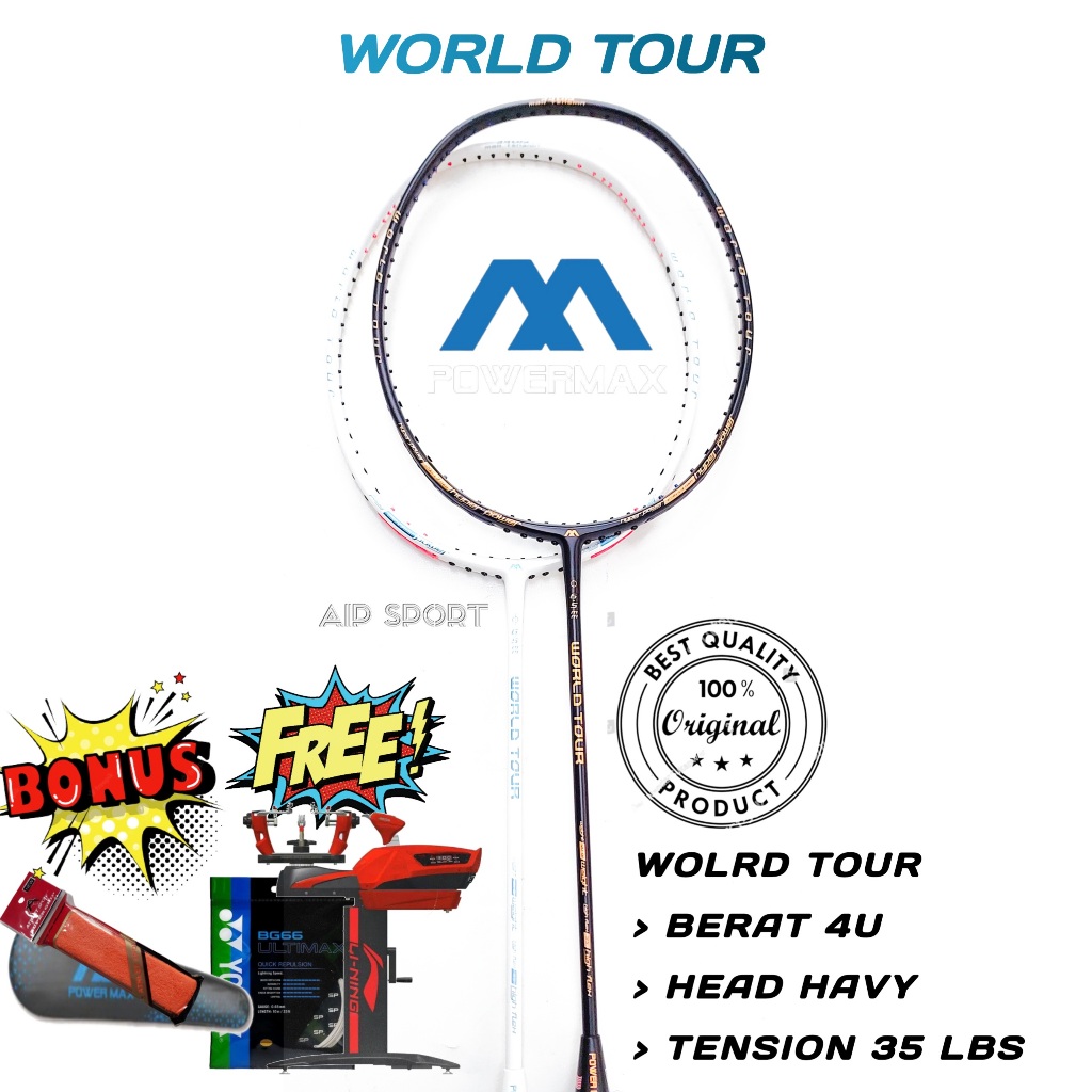Jual Raket badminton Powermax World Tour Original 36 Lbs Siap Pakai ...