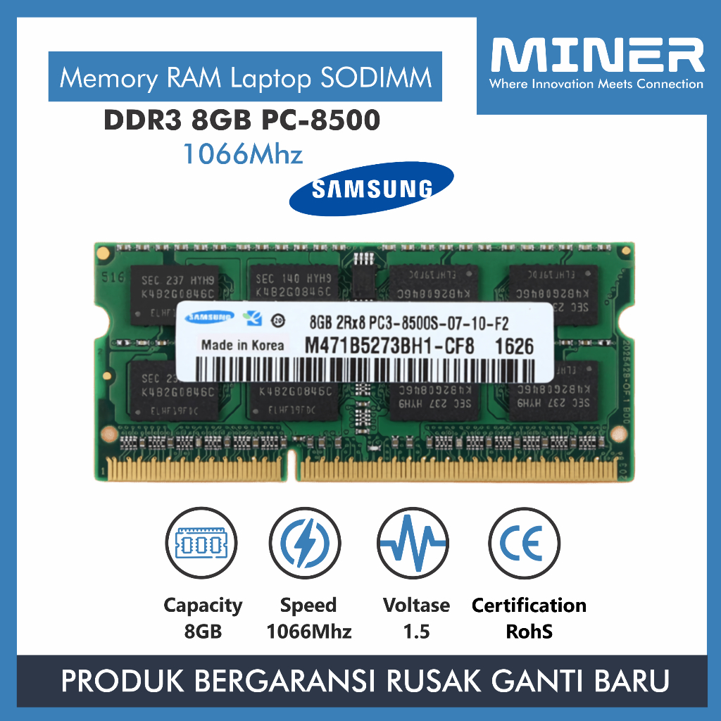Jual MINER Memory RAM Laptop SODIMM PC8500 1066Mhz DDR3 8GB | Shopee ...