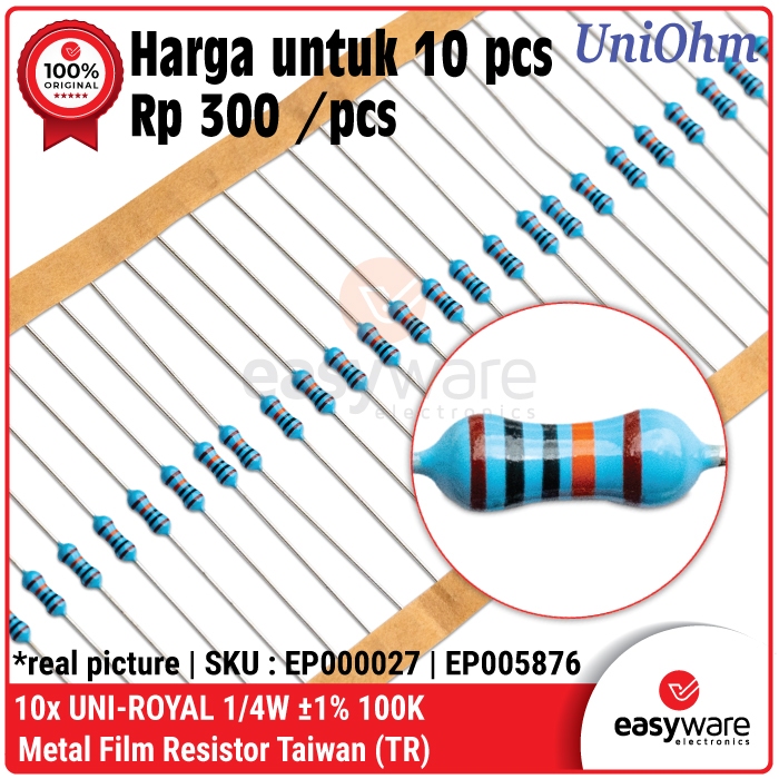 Jual 10x Resistor Taiwan 100K 1/4W 0.25W 1% Metal Film Resistor Taiwan ...