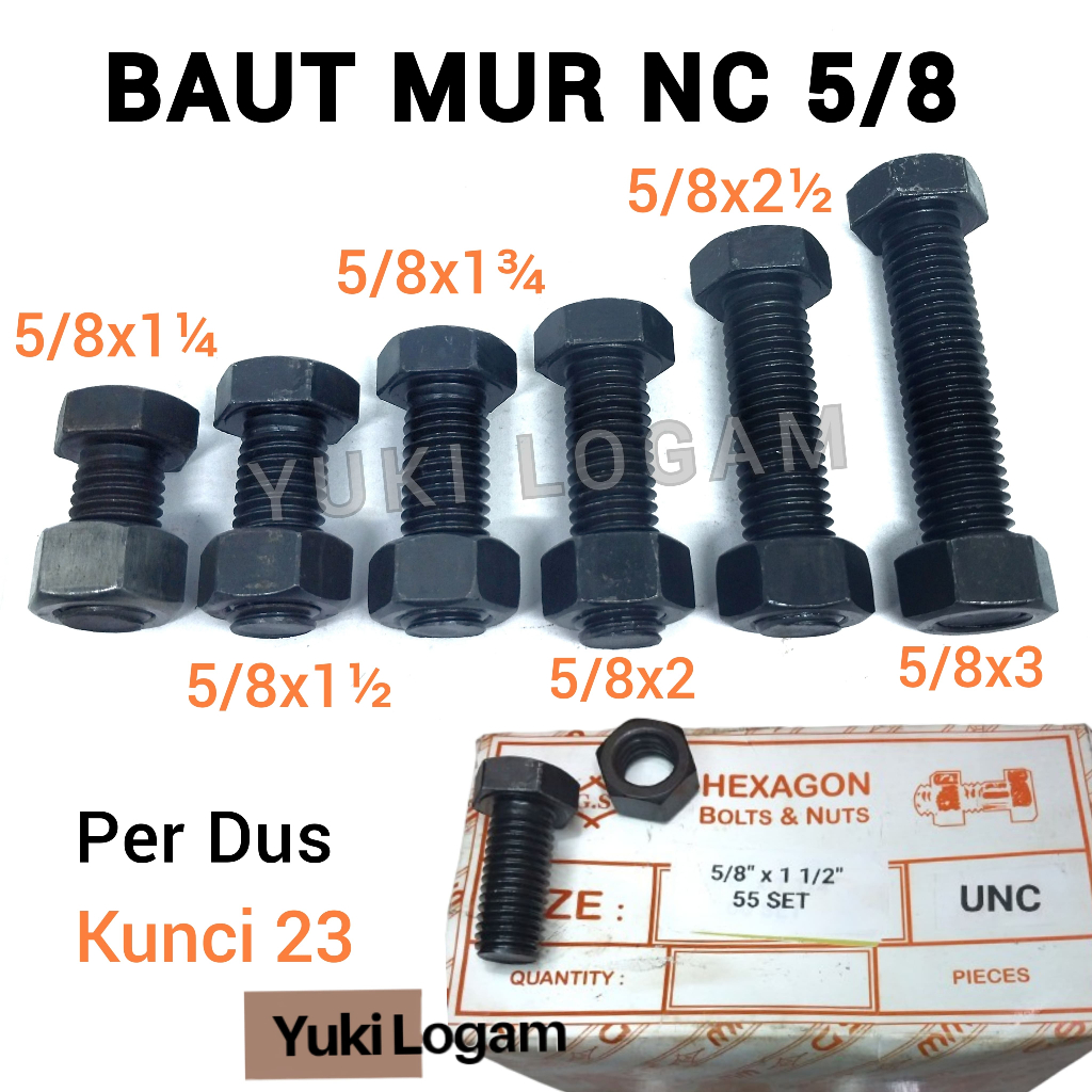 Jual 1 Dus baut mur NC / UNC 5/8 HEX hitam kunci 23 panjang 1 1/2 inc atau 4 cm sampai 6 inchi ...