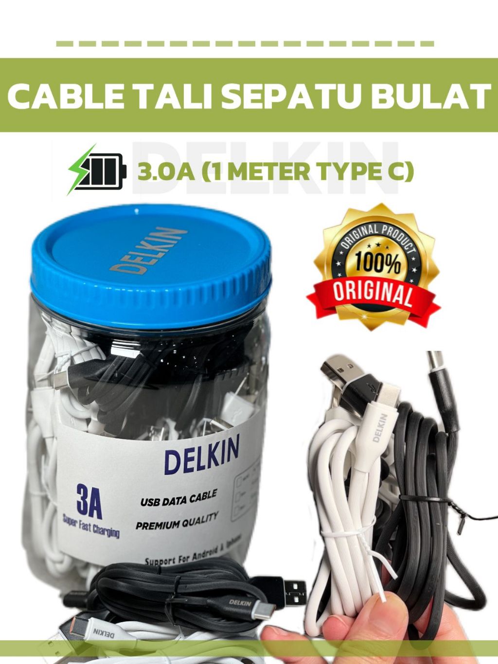 Jual KABEL DATA/CABLE DATA MODEL TALI SEPATU BULAT 1 METER MEREK DELKIN ...