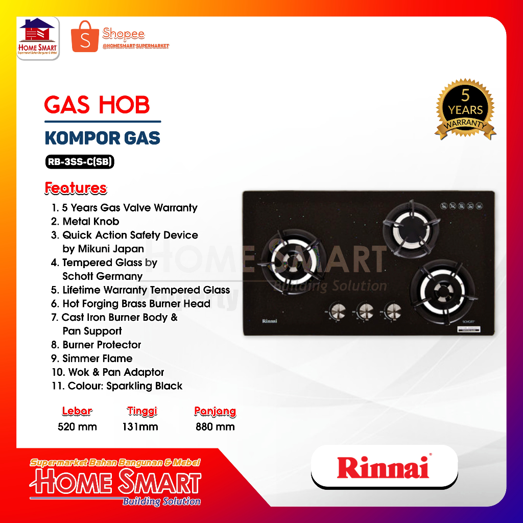 Jual Built-in Gas Hob Kompor Gas Tanam 3 Tungku Rinnai RB-3SS-C (SB) | Shopee Indonesia