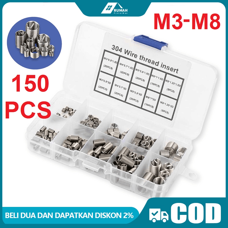 Jual 150Pcs Set M3 M4 M5 M6 M8 Recoil Helicoil BAUT KUNCI Thread Insert ...