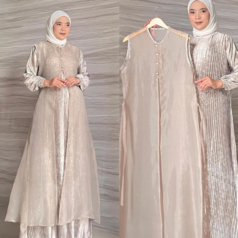 Jual MH Gamis Armani Silk Plisket Outer Organza Lepas Pasang LD 120 Mewah Dress Pesta Cantik ...