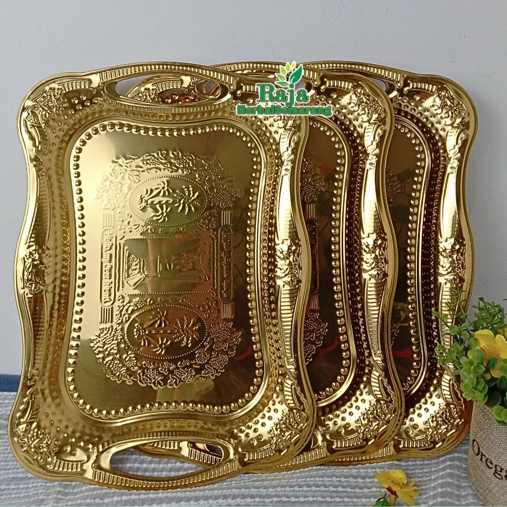 Jual NAMPAN / BAKI ARAB UKIR EMAS STAINLESS ADA PEGANGAN UKURAN SEDANG ...