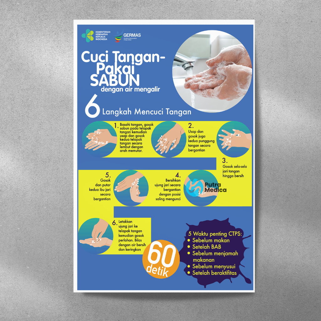 Jual Poster Kesehatan 6 Langkah Cuci Tangan Pakai Sabun A3+ / Gambar ...