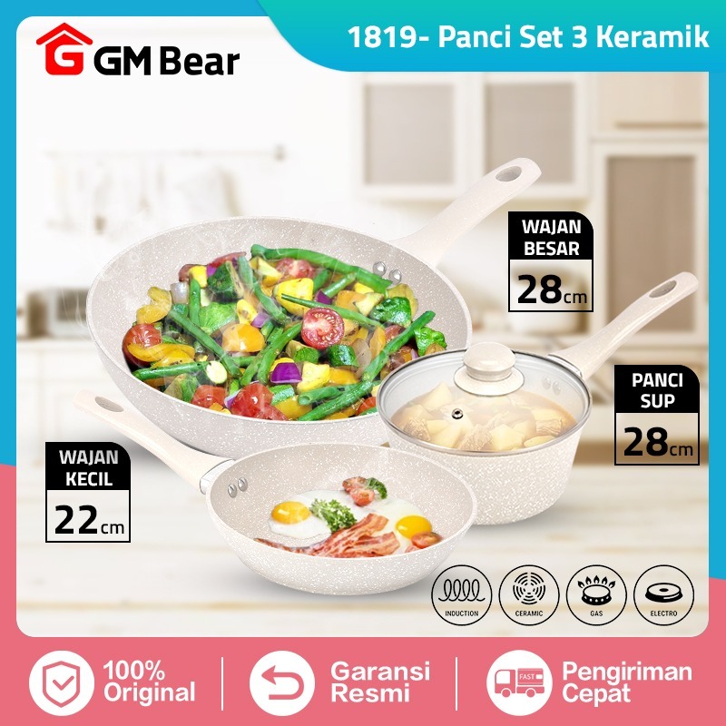 Jual GM Bear Panci Set Cookware P0411 - Wajan Penggorengan Keramik Granit Putih 3Pcs Dengan ...