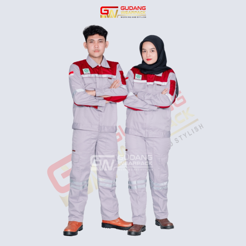 Jual Setelan Wearpack (Baju dan Celana kerja) Warna Abu muda Maroon (1 ...