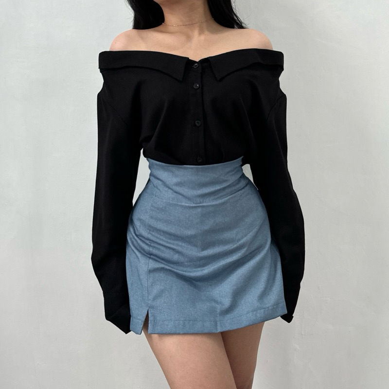 Jual Pauline Linen Top || Kemeja Linen Off Shoulder | Shopee Indonesia