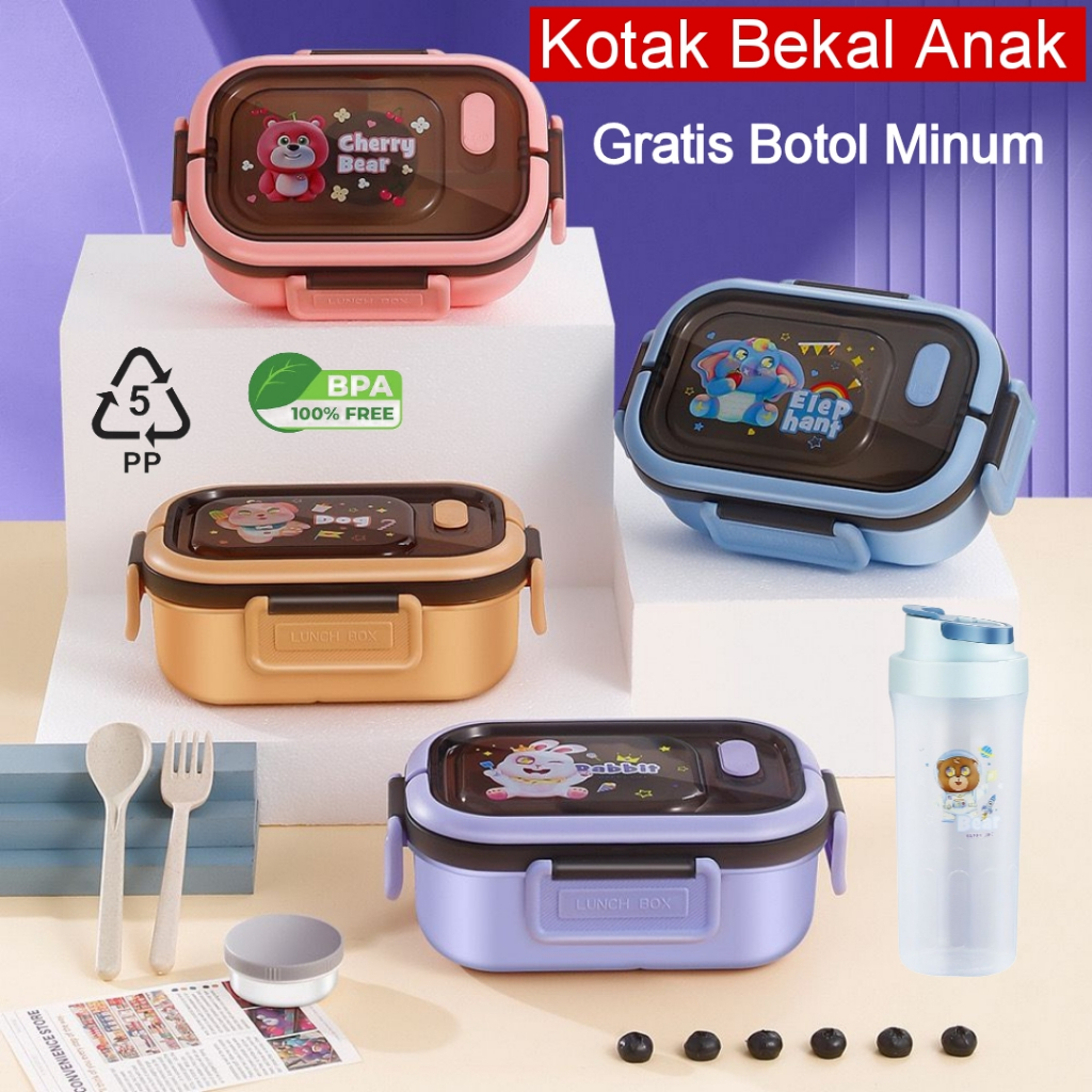 Jual KOTAK BEKAL MAKAN ANTI TUMPAH BPA FREE 3 SEKAT / LUNCH BOX SET ANAK 1100ML + BOTOL MINUM ...