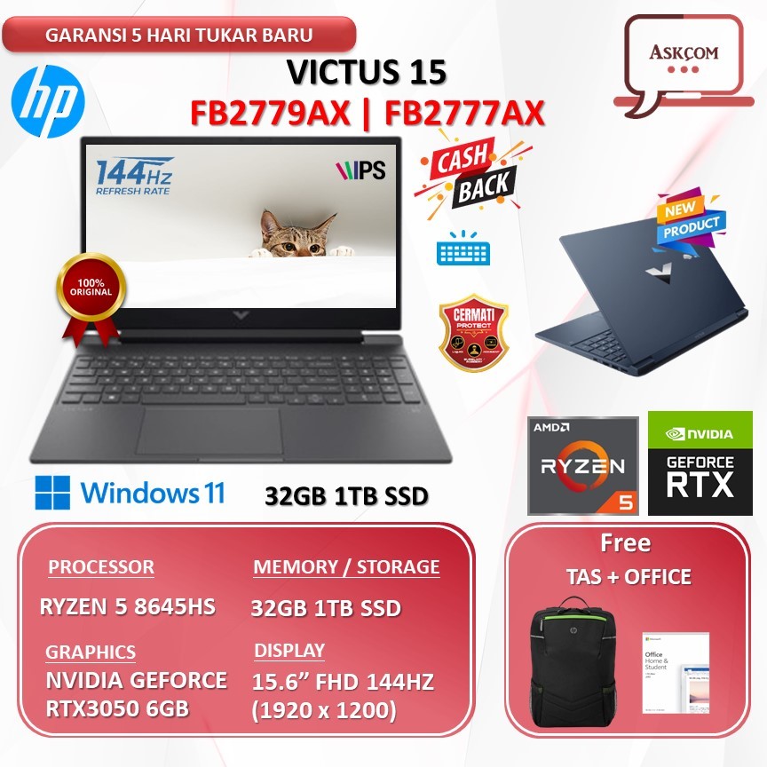 Jual HP VICTUS 15 RYZEN 5 8645HS RTX3050 6GB/ 8GB 512GB W11+OHS 15.6FHD ...