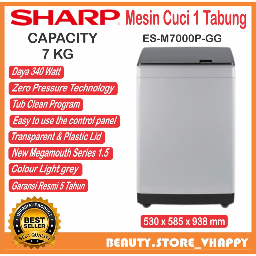 Jual Mesin Cuci 1 tabung SHARP 7 kg New Megamouth Series 1.5 ES-M7000P ...