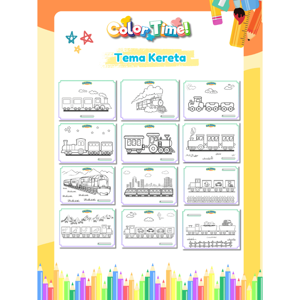 Jual 1 PAKET KERTAS MEWARNAI KERETA / TRAIN COLORING BOOK / KERTAS ...
