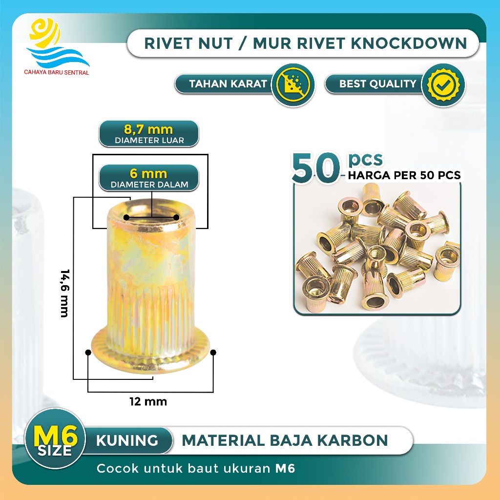 Jual (50PCS) Mur Rivet Nut Rivnut Kuning Besi Carbon Steel Nutsert ...