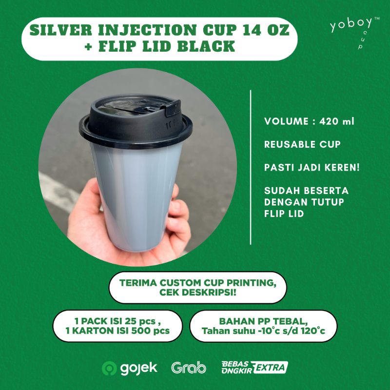 Jual INJECTION PREMIUM CUP 14oz SILVER + FLIP LID BENING/PUTIH/HITAM ...