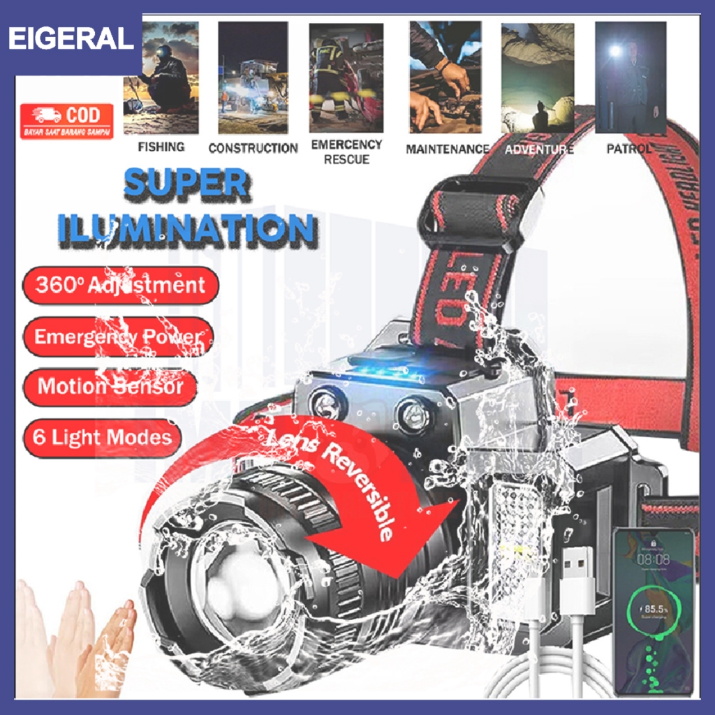 Jual Lampu Kepala LED/Headlamp F-T51/Super Terang 5000 Lumen/USB Charging Senter/Dengan Sensor ...