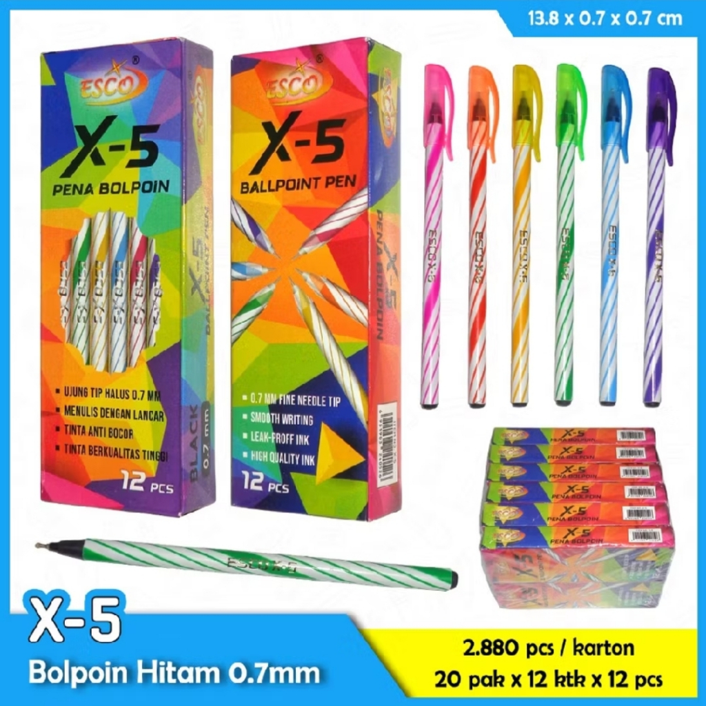 Jual Pulpen Ulir ESCO X 5 / Nevada isi 12 pcs (0.7mm - Hitam) Tinta ...