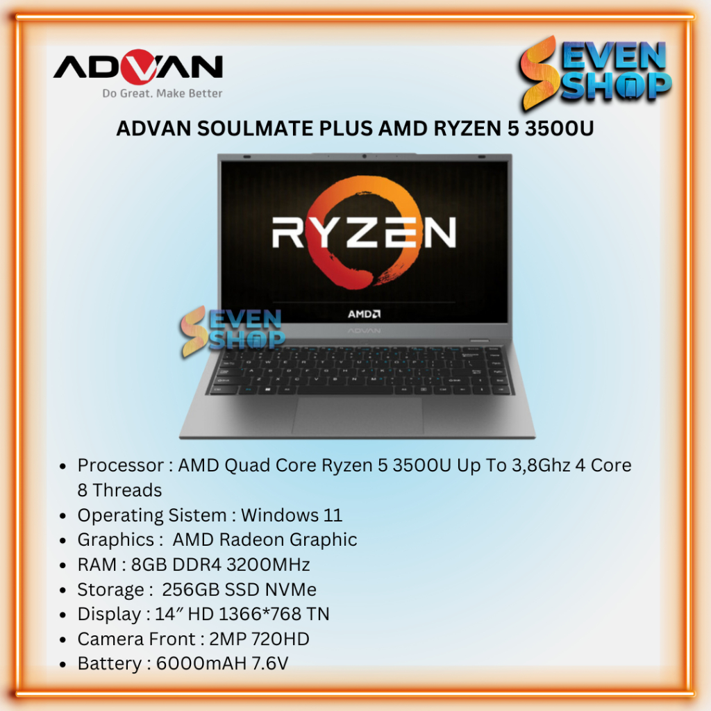 Jual Advan Soulmate Plus AMD Ryzen 5 3500U 8GB 256GB SSD 14" HD Windows ...