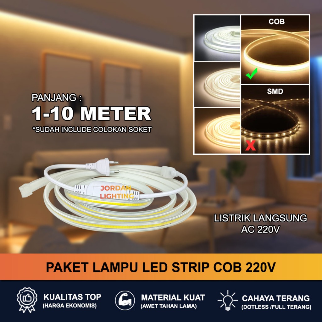 Jual LED Strip COB 220V Waterproof - Panjang 1-10M Plus Colokan | Lampu ...
