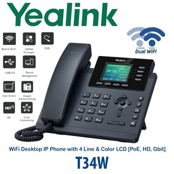 Jual Yealink SIP-T34W WiFi IP Phone - WiFi Desktop SIP Phone with 4 Lines and Color LCD (Poe ...