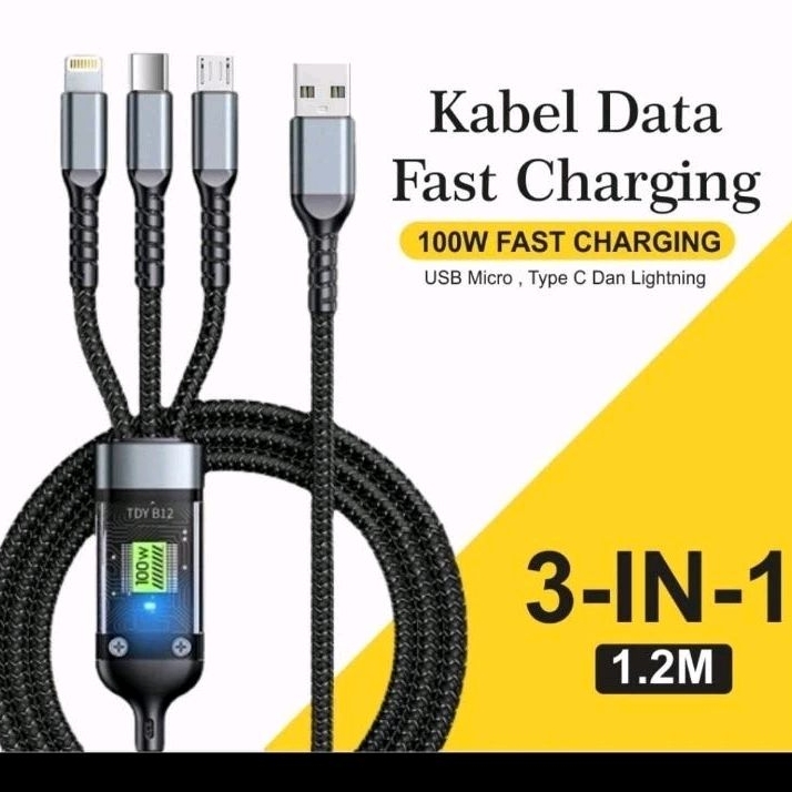 Jual kabel data cabang 3in1 100w fast charging usb to micro lightning ...