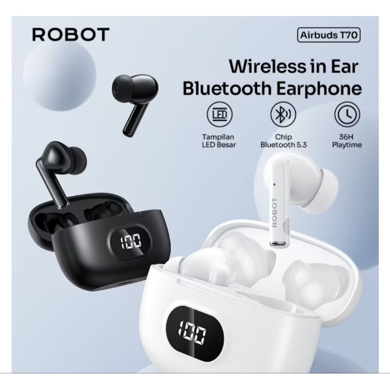 Jual Wireless Bluetooth Airbuds TWS T70 Merk ROBOT ORIGINAL Semi In-Ear ...