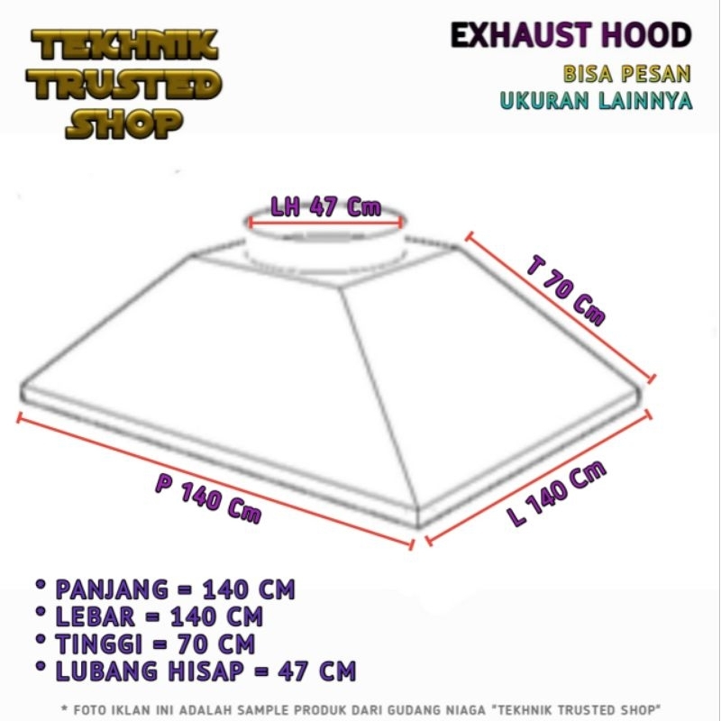 Jual kitchen cooker exhaust hood 140 x 140 x 70 Cm Tudung ducting hisap asap dapur | Shopee ...