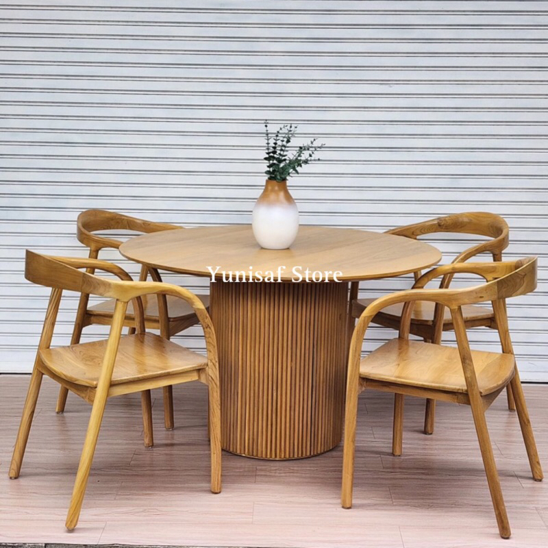 Jual Meja Makan Bundar Set 4 Kursi Model Modern Kayu Jati | Shopee Indonesia