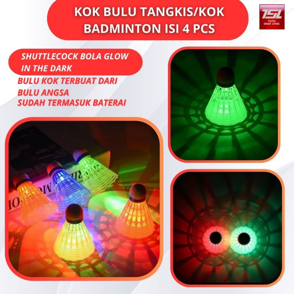 Jual TUTU Kok Bulu Tangkis/Kok Badminton ISI 4 PCS Bercahaya Dengan ...