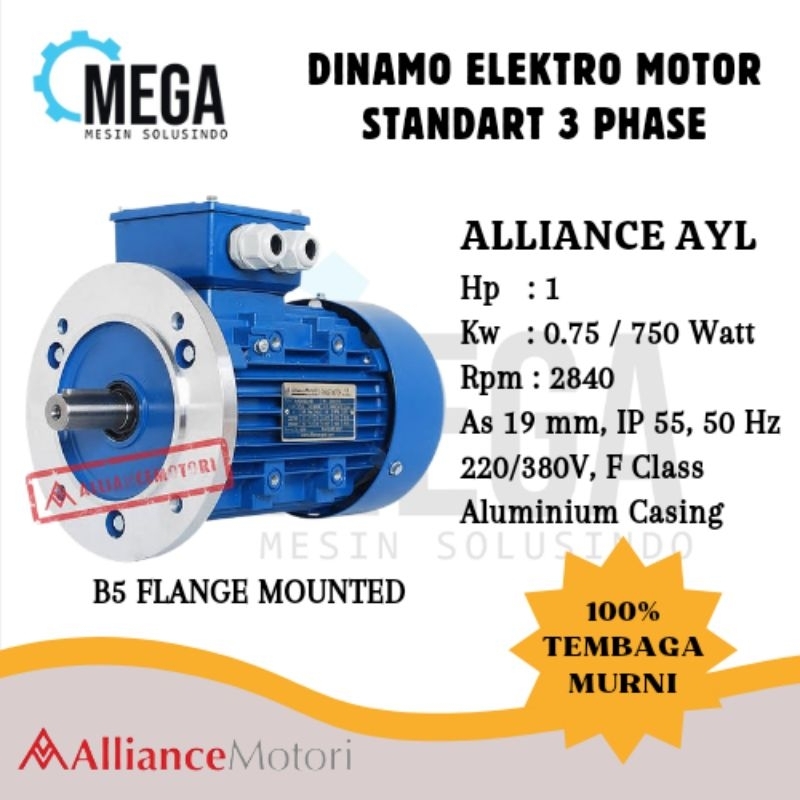 Jual Alliance Dinamo 3 Phase 1 HP 0.75 KW 2800rpm -- Electro Motor Duduk AY3A 2 Pole B5 Flange ...