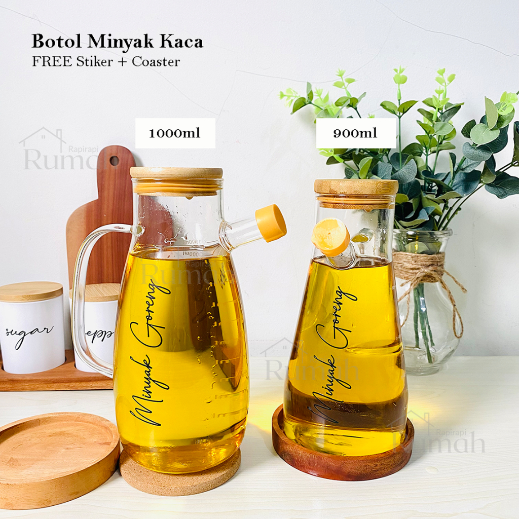 Jual Botol Minyak Goreng Kaca Tutup Kayu 1000 ML dan 900 ML + Coaster ...