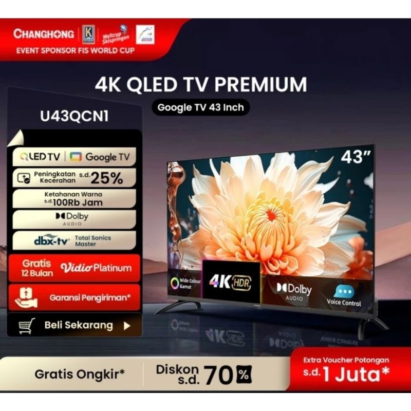 Jual CHANGHONG QLED TV 4K 43 INCH U43QCN1 ANDROID GOOGLE TV | Shopee Indonesia