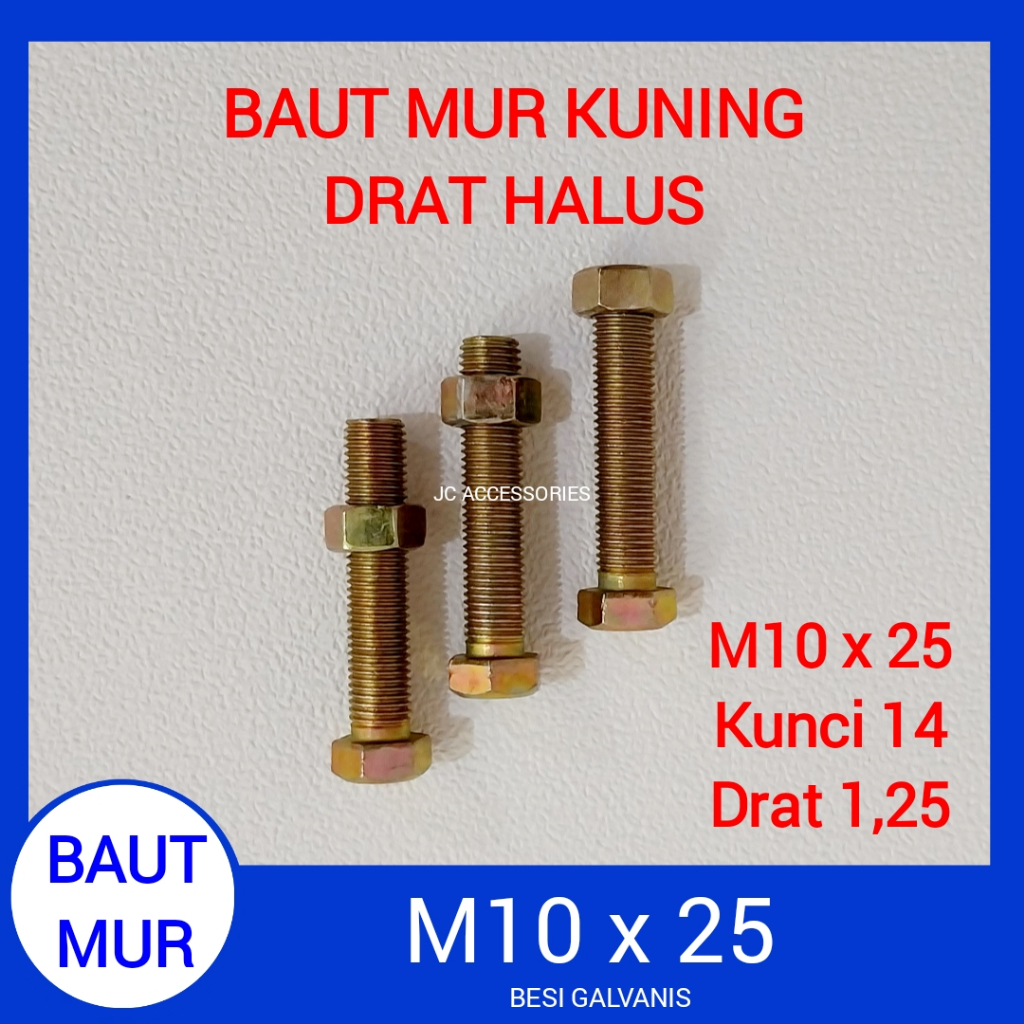 Jual BAUT MUR KUNING M10x25 KUNCI 14 PITCH 1,25 DRAT HALUS BMK M10 x 25 BMH HEXA HEXAGON HEX ...