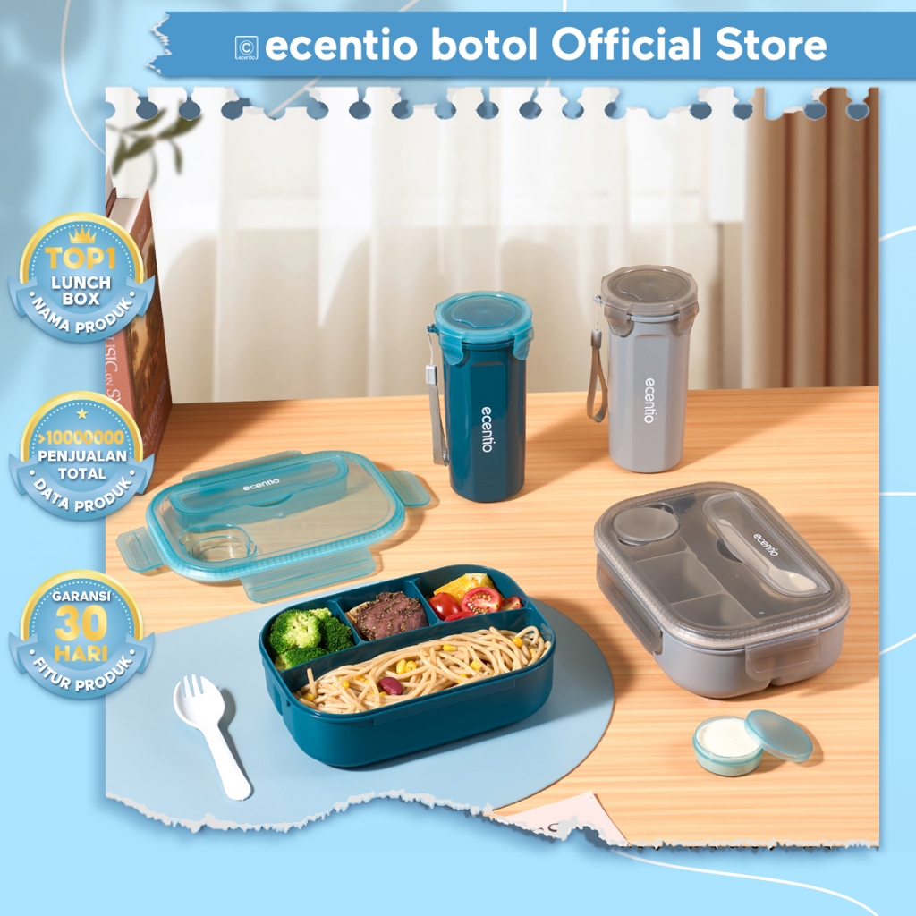 Jual ecentio tempat makan set anti tumpah 1200ml+botol minum 500ml Kotak Bekal Makan 4 sekat BPA ...