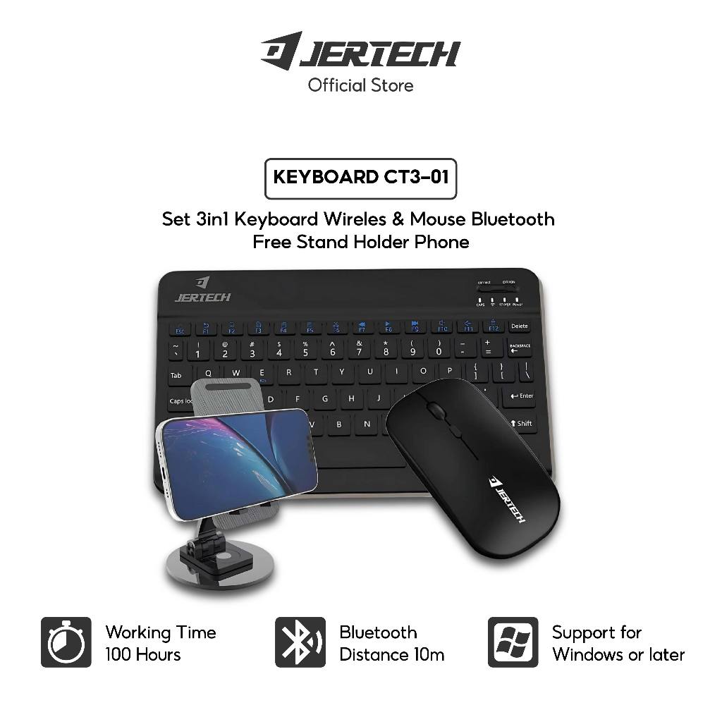 Jual JERTECH Set 3in1 Keyboard Wireles & Mouse Bluetooth CT3-01 Free ...