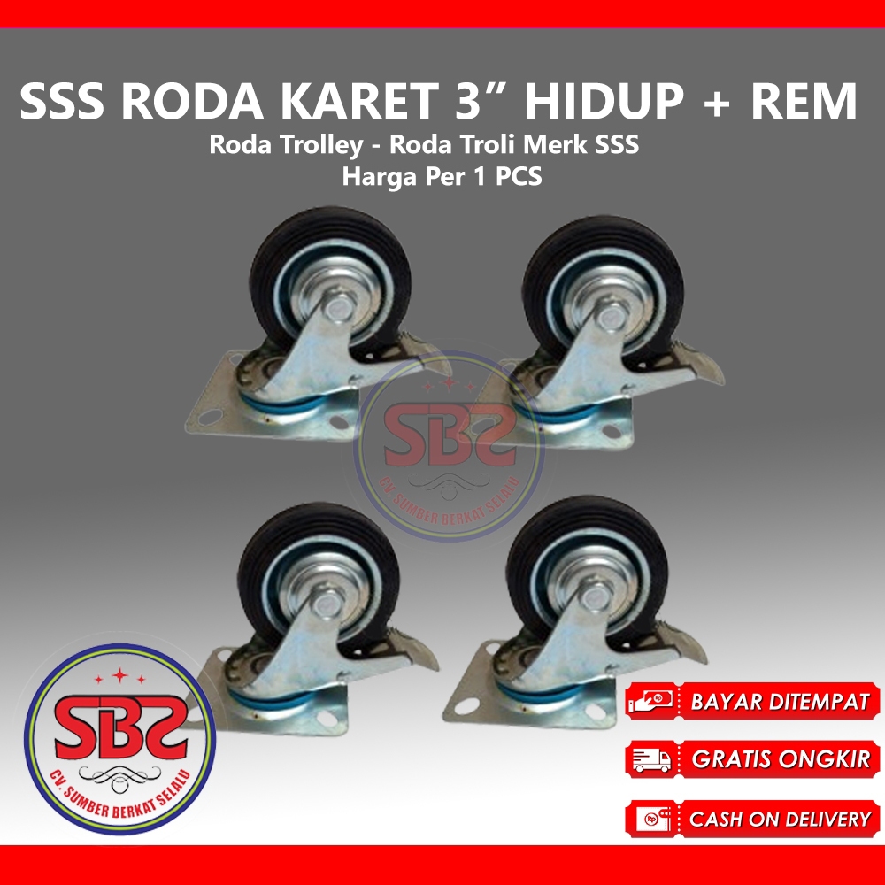 Jual SSS Roda Kastor 3" 3 inch Hidup + Rem - Karet / Roda 3"/ Roda ...